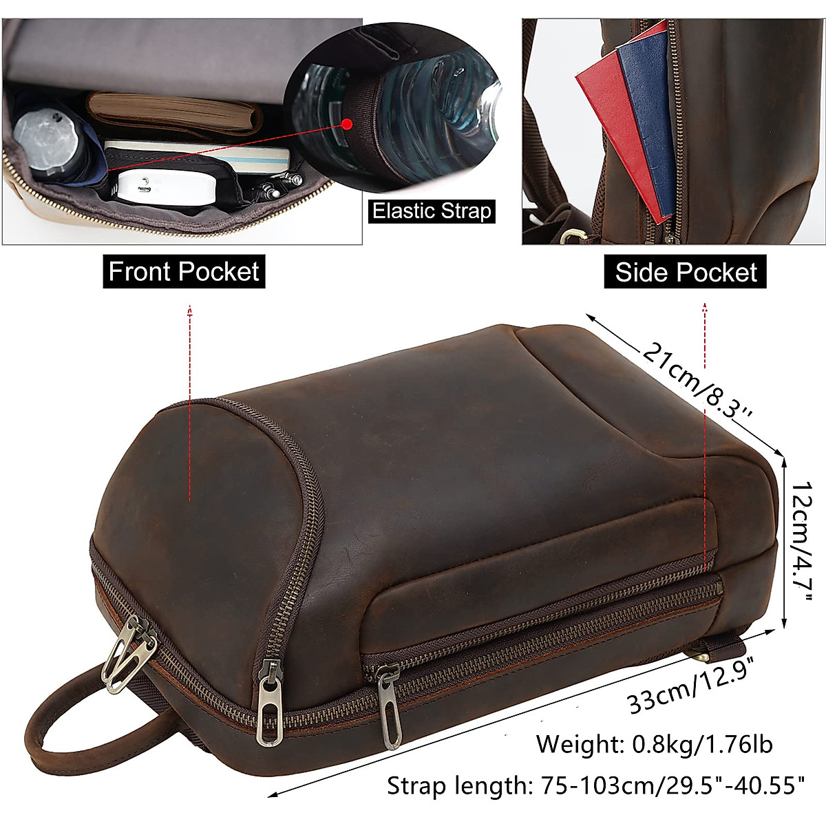 Full Grain Leather Sling Bag for Men Small Tablet Backpack Fits 10 Inch Tablet Mini Hiking Crossbody Shoulder Chest Bags