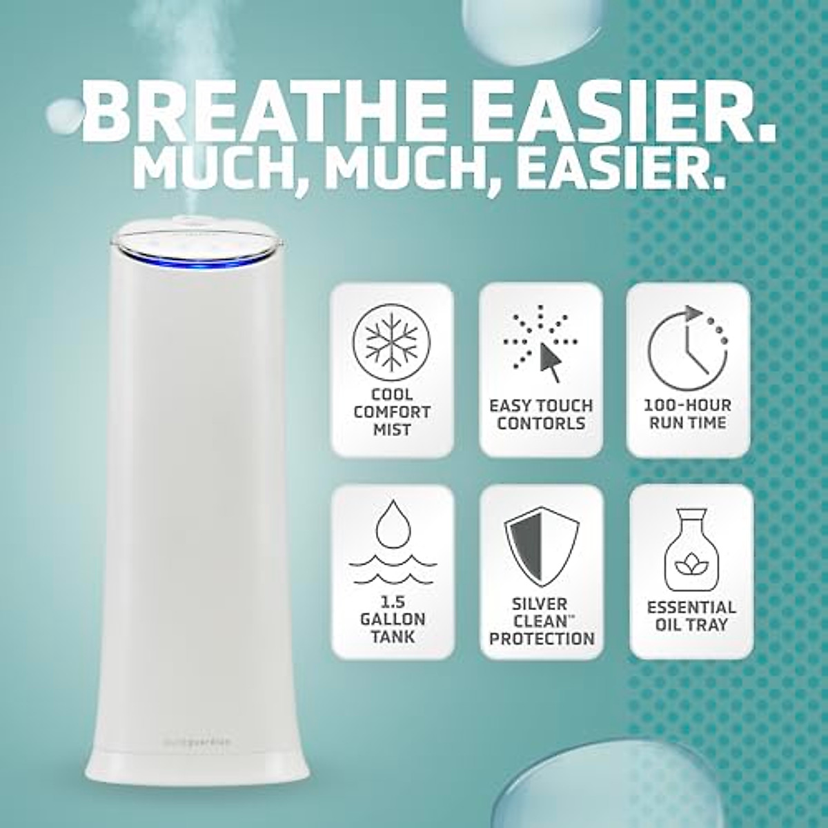 PureGuardian Ultrasonic Cool Mist Humidifier, 100 Hrs. Run Time, 1.5 Gallon Tank, 440 Sq. Ft. Coverage, Medium Rooms, Quiet, Filter Free, Essential Oil Tray, White, H3200WAR