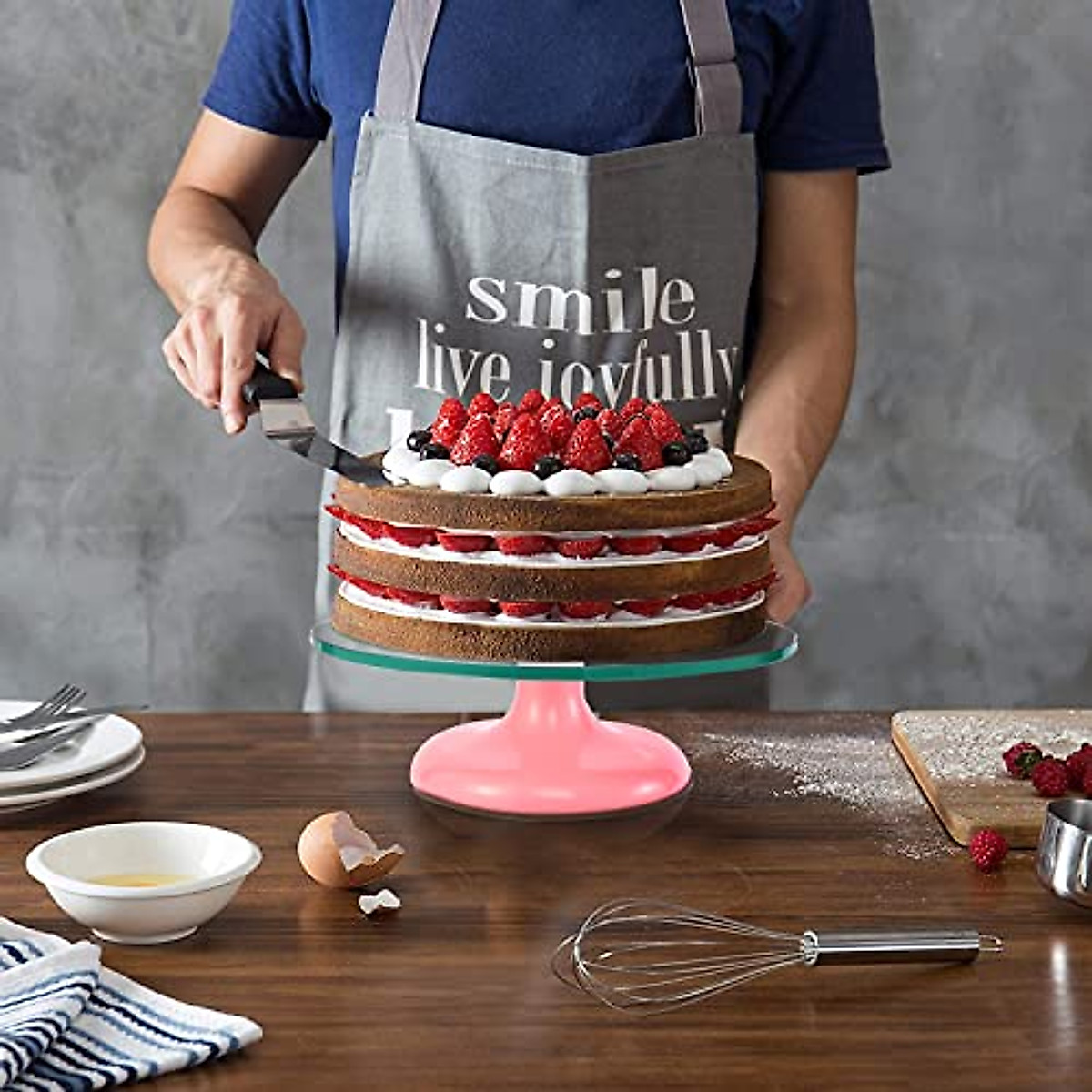 Distlety 12 Inches Cake Turntable, Cake Turntable Rotating Cake Decorating, Ultra Quiet Glass Turntable Cake Stand with Pink Sturdy Base