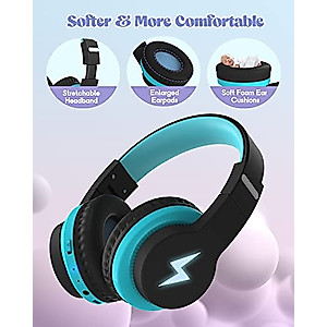 Kids Bluetooth Headphones, Colorful Wireless Over Ear Headset with LED Lights, Built-in Mic, 45H Playtime, 85dB/94dB Volume Limited Headphones for Boys Girls iPad Tablet School Airplane (Blue)