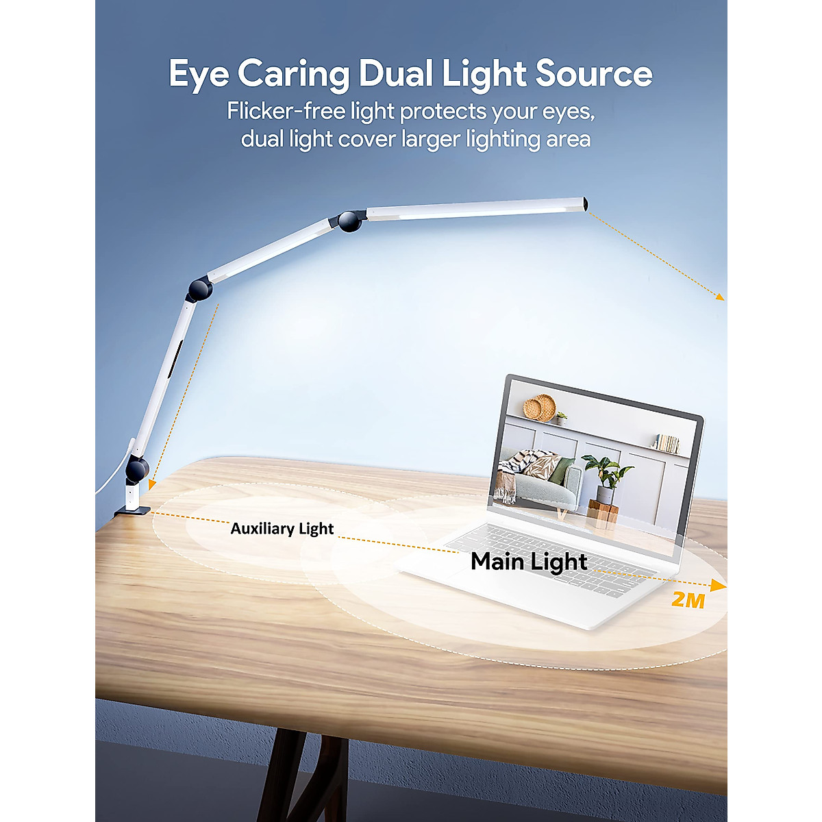 MediAcous LED Desk Lamp with Clamp, Dual Light Desk Lamp with Swing Arm, Dimmable 4 Color Modes & 4 Brightness Table Lamp, Eye-Caring Clip-on Lamp with Memory Function for Home Office, White