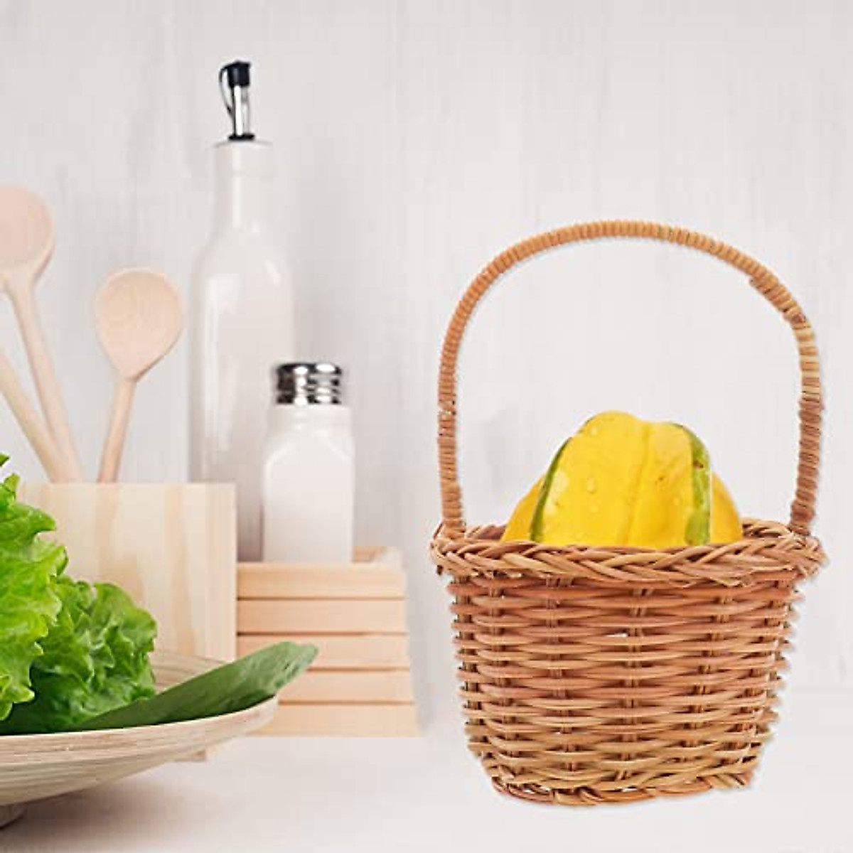 VANZACK Rattan Mini Baskets with Handle Small Round Natural Decorative Knitting Basket Storage Basket