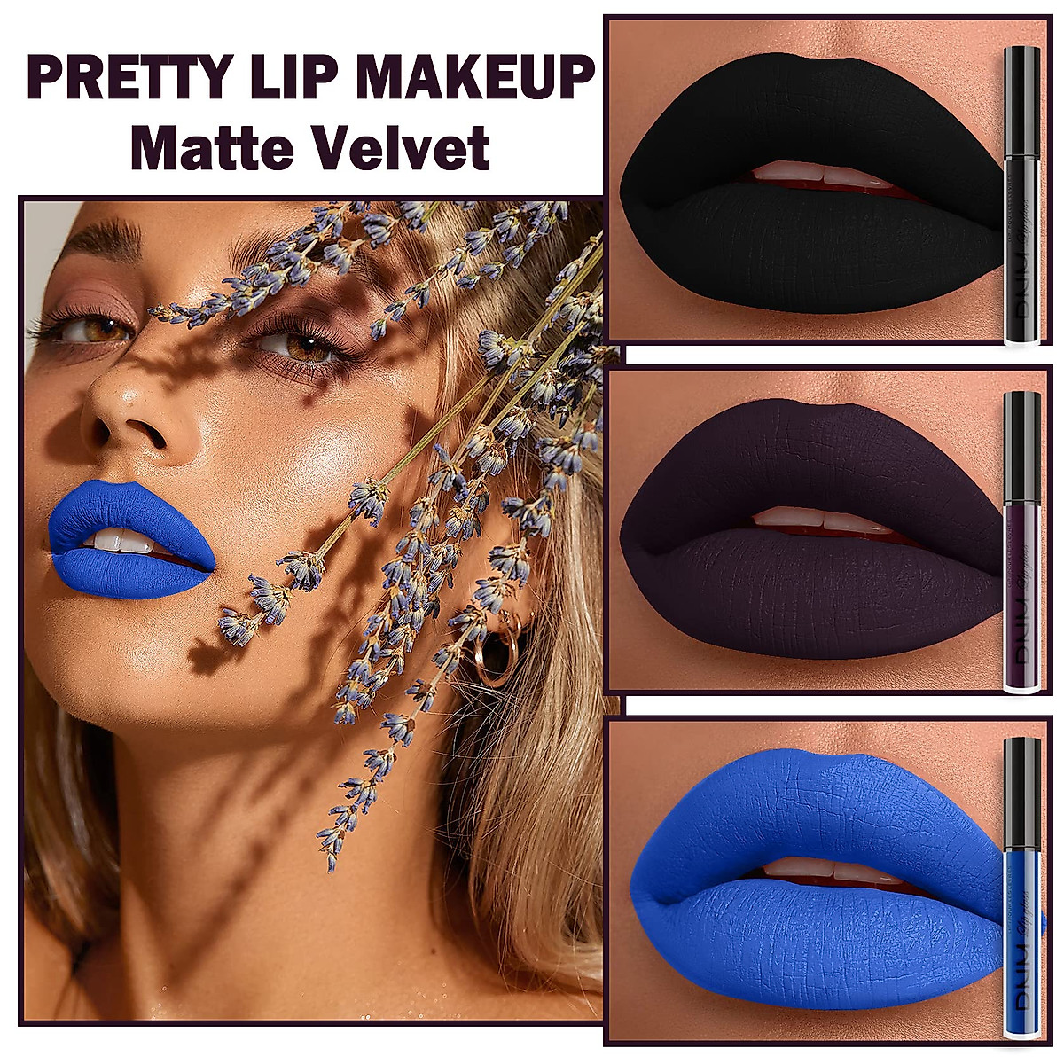 CAHIUYOA 3Pcs Dark Black Blue Purple Matte Liquid Lipstick Lip Stain Lip Gloss Makeup Set,DNM Non Stick Cup Long Lasting Smudge Proof Waterproof Lipstick labial mate larga duracion 24 (Set07)