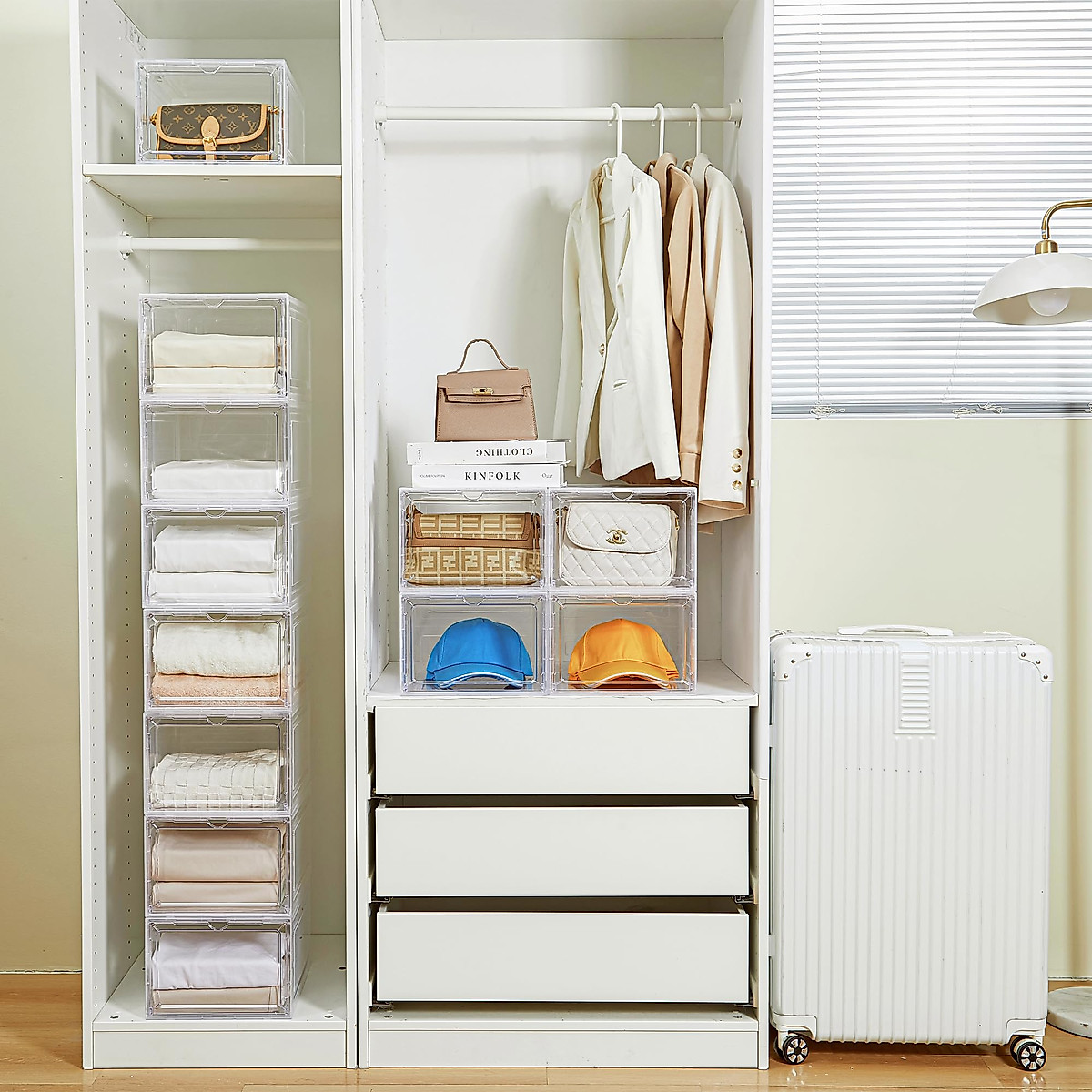 SANKEU Storage Bins with Lids，3pcs×19.5 Qt Plastic Storage Containers with Magnetic Door, Stackable Clear Storage Box for Closet Organizers and Storage,Office Organizing