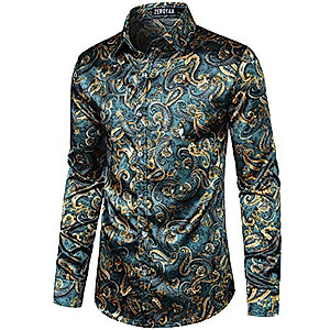 ZEROYAA Men's Hipster Design Silk Like Satin Button Up Paisley Dress Shirt for Party Prom ZLCL31-101-Teal Medium