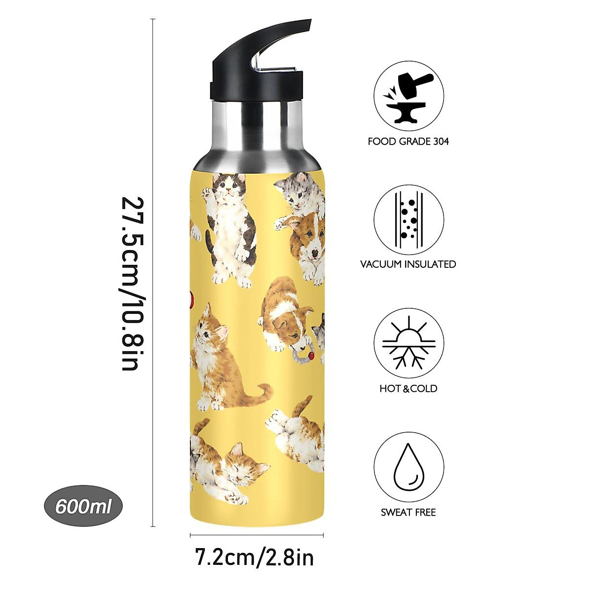 FUGIDOG Cute Cat Stainless Steel Sports Water Bottle with Straw Lid, BPA-Free, 32 oz Vacuum Insulation Flask Reusable Leak Proof Thermos for Fitness Travel Gym Cycling