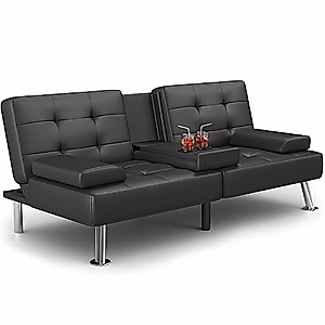 Shahoo Convertible Folding Futon Sofa Bed Sleeper Couch for Living Room Faux Leather Upholstered Loveseat w/Removable Armrests, Metal Legs, 2 Cup Holders, Black