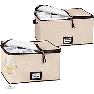 Hold N Storage Pack of 2 Sizes Wine Glass Storage with dividers – Each Holds 12 standard size wine glasses up to 10" H – Stemware Storage Case, Protects Fine China, Durable Quilted Microfiber Bin with