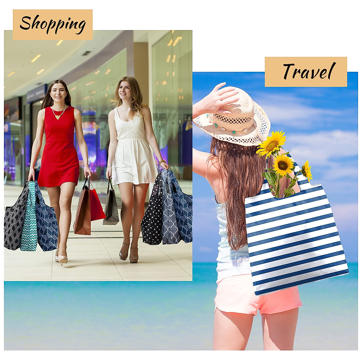 BeeGreen Shopping Bags Reusable Grocery Tote Bags 6 Pack XLarge 50LBS Ripstop Geometric Fashion Recycling Bags with Pouch Bulk Machine Washable Nylon Bags Black Gray Blue Navy Teal Christmas