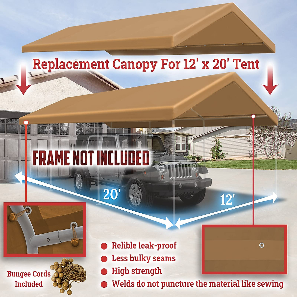 BenefitUSA 12'x20' Upgraded Carport Canopy Tent Garage Replacement Car Shelter Cover with Bungees,Frame is not Included (Tan)