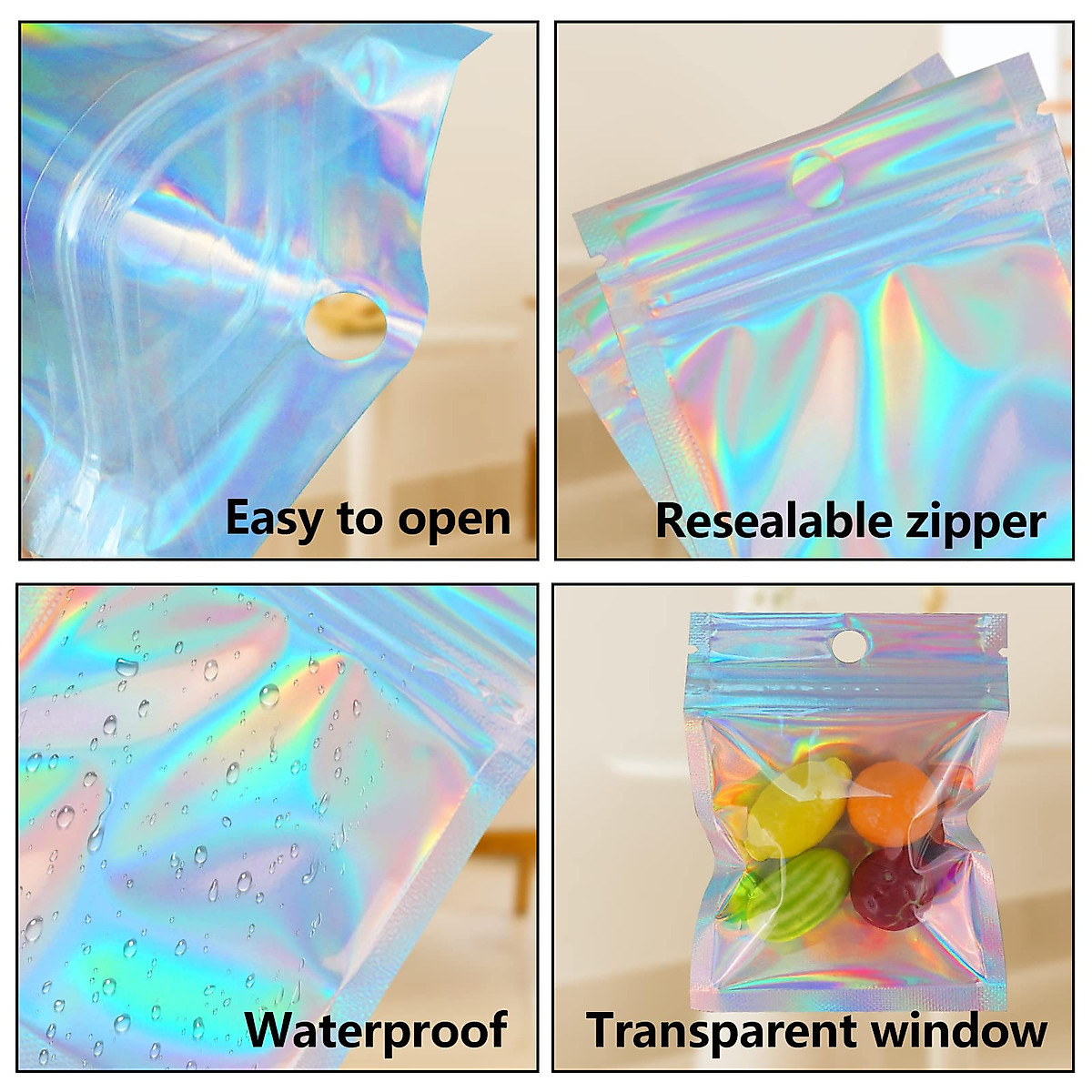 Holographic Resealable Bags 300 Pieces(3×4 Inch) Sealed Resealable Pouch for Food Storage