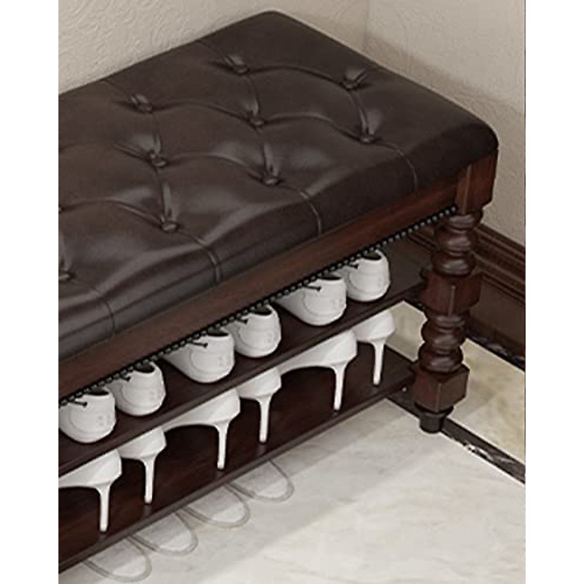 E EYOUPINO Storage Bench Vintage Solid Wood Shoe Bench 3 Tier Wooden Entryway Bench Shoe Rack with Leather Cushion Seating Brown (31.5’’)