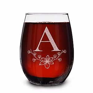 Floral Monogram Engraved Initial Letter Stemless Wine Glass 15 oz. Personalized Monogrammed Custom Gift (A)