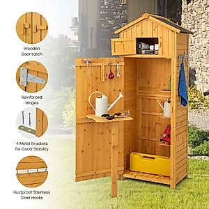 Goplus Outdoor Storage Shed, Wooden Garden Storage Cabinet with Lockable Doors, Foldable Table, Hooks, Utility Tool Organizer with Shelves, Waterproof Outside Tool Shed for Patio Backyard Lawn