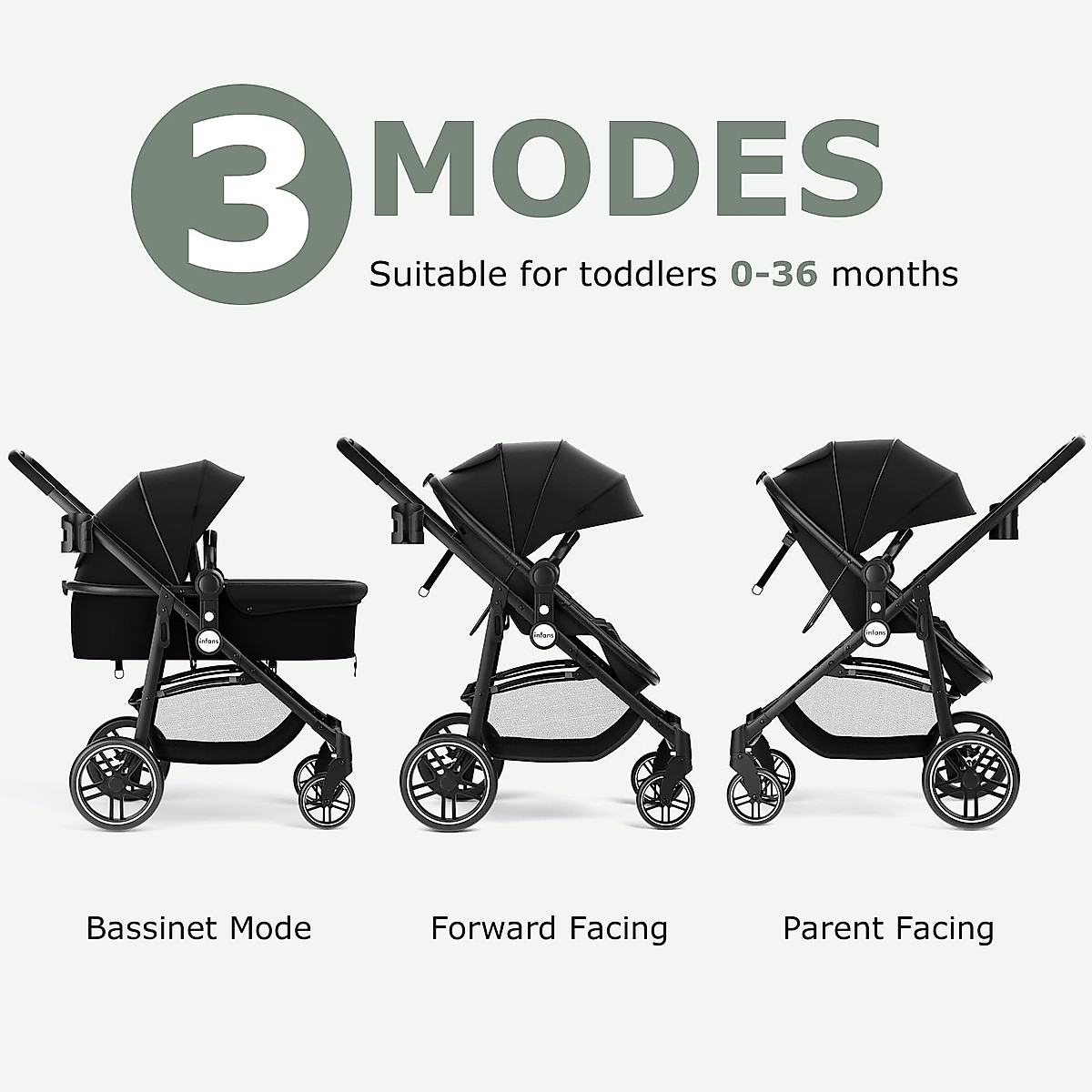 INFANS 2 in 1 Baby Stroller, High Landscape Infant Stroller & Reversible Bassinet Pram, Foldable Pushchair with Adjustable Canopy, Storage Basket, Cup Holder, Suspension Wheels (Black)