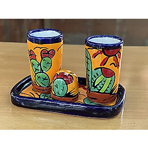 MEXTEQUIL - Authentic Mexican Talavera Tequila Shot Glasse with Tray and Salt Shaker - 2 Shots, 4pieces - Giffable - Artisanal colorful hand-painted (Cactus)