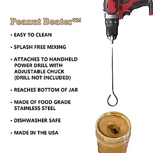 Peanut Beater™: Stirring tool for natural peanut butter, fast mixing stirrer utensil, easy to clean mixer, handheld power drill attachment