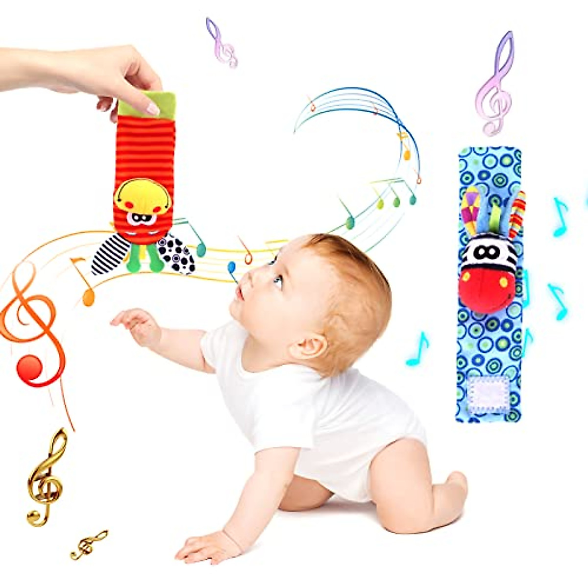 PADONISE Wrist Rattle Foot Finder Socks Set Arm Hand Bracelet Rattle Feet Leg Ankle Socks Newborn Soft Sensory Toy Baby Socks Newborn Wrist Rattles for Babies 0-6 Months Infant Baby Gift 6-12 Months