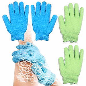 Exfoliating Bath Gloves Body Scrub Loofah Sponge,Luxury Spa Hand Gloves Dead Skin Cell Remover Health Care Gloves,Shower Massage Scrubber and Improves Blood Circulation, 2 Pairs (Blue & Green)