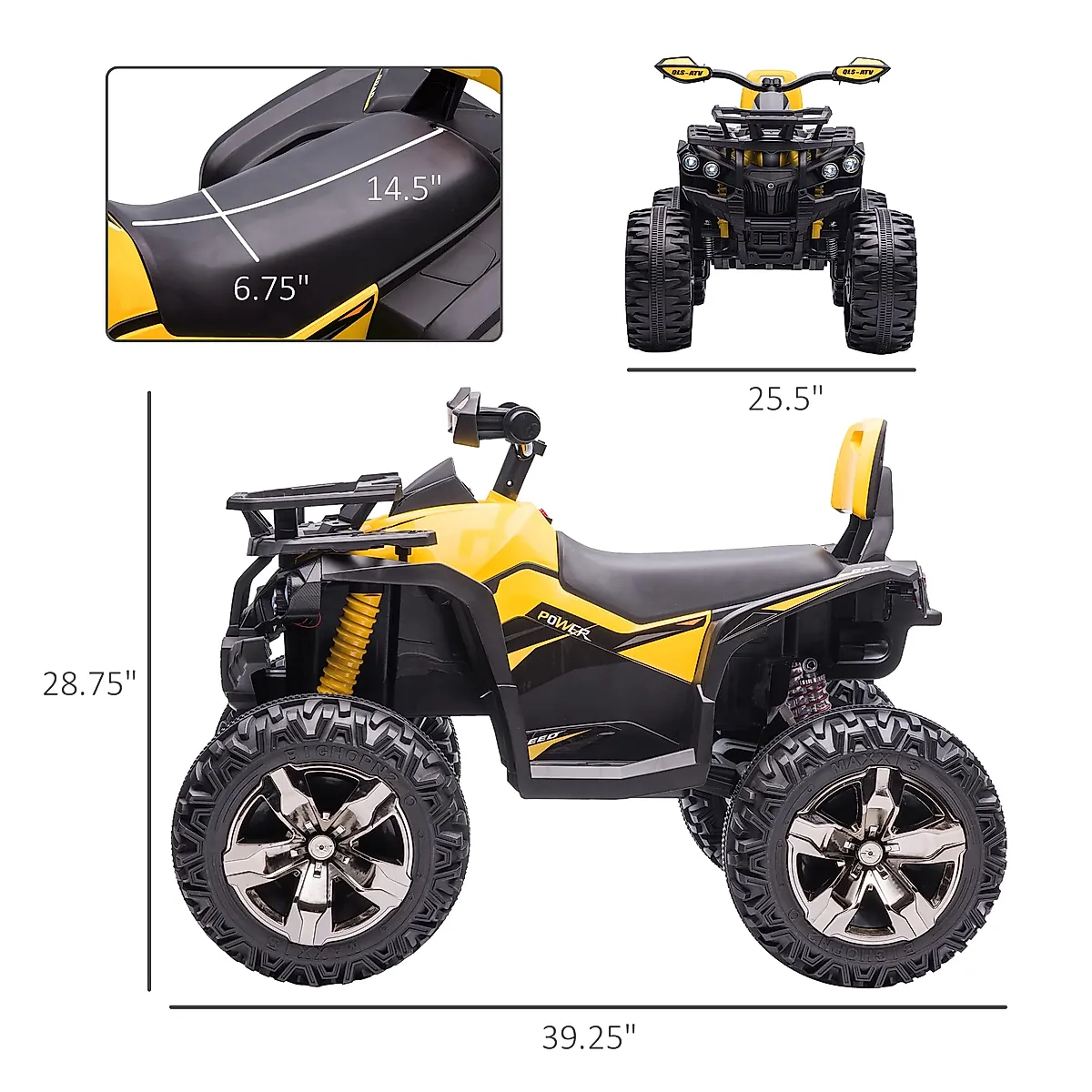 Aosom 12V Kids 4 Wheeler, Ride on ATV for Kids with Music, Realistic Headlights & Wide Wheels, Electric Quad Car for Boys and Girls, Yellow