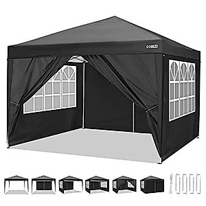 COBIZI 10'x10' Outdoor Canopy Tent, Beach Pop Up Canopy and Portable Gazebo Party Commercial Instant Shelter Tent Waterproof Canopies with 4 Sidewalls & Carrying Bag,Black