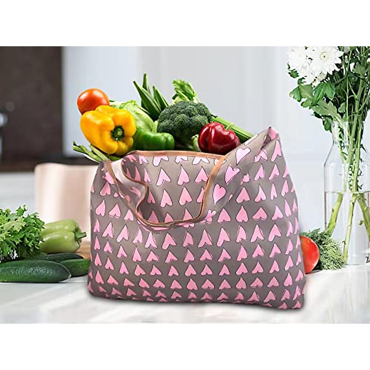 Wayideal Reusable Grocery Bags,Washable/Durable Nylon Outdoor Bags，Set of 5 XXL-Shopping Holiday Folding Tote Bags,(RainbowStripe,PolarBear,Lemon,CartoonQhale,PinkHeart)