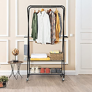 Tangkula Heavy Duty Clothes Rack with Shelves, Double Rod Rolling Garment Rack on Wheels with 4 Hooks, Portable Hanging Clothes Rack for Organizing Clothes and Shoes, Freestanding Clothing Racks
