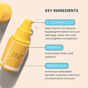 Timeless Skin Care Vitamin C Serum with Vitamin E & Ferulic Acid - 20% Vitamin C Brightening Serum - Face Serum for Oily & Dry Skin - Fragrance-Free Serum for Skin Care - 1 oz