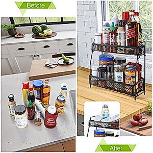 Spice Rack Organizer for Countertop, 2 Tier Metal Foldable Non-Slip Countertop Organizer, Countertop Spice Rack for Kitchen Bathroom Countertop(Black)
