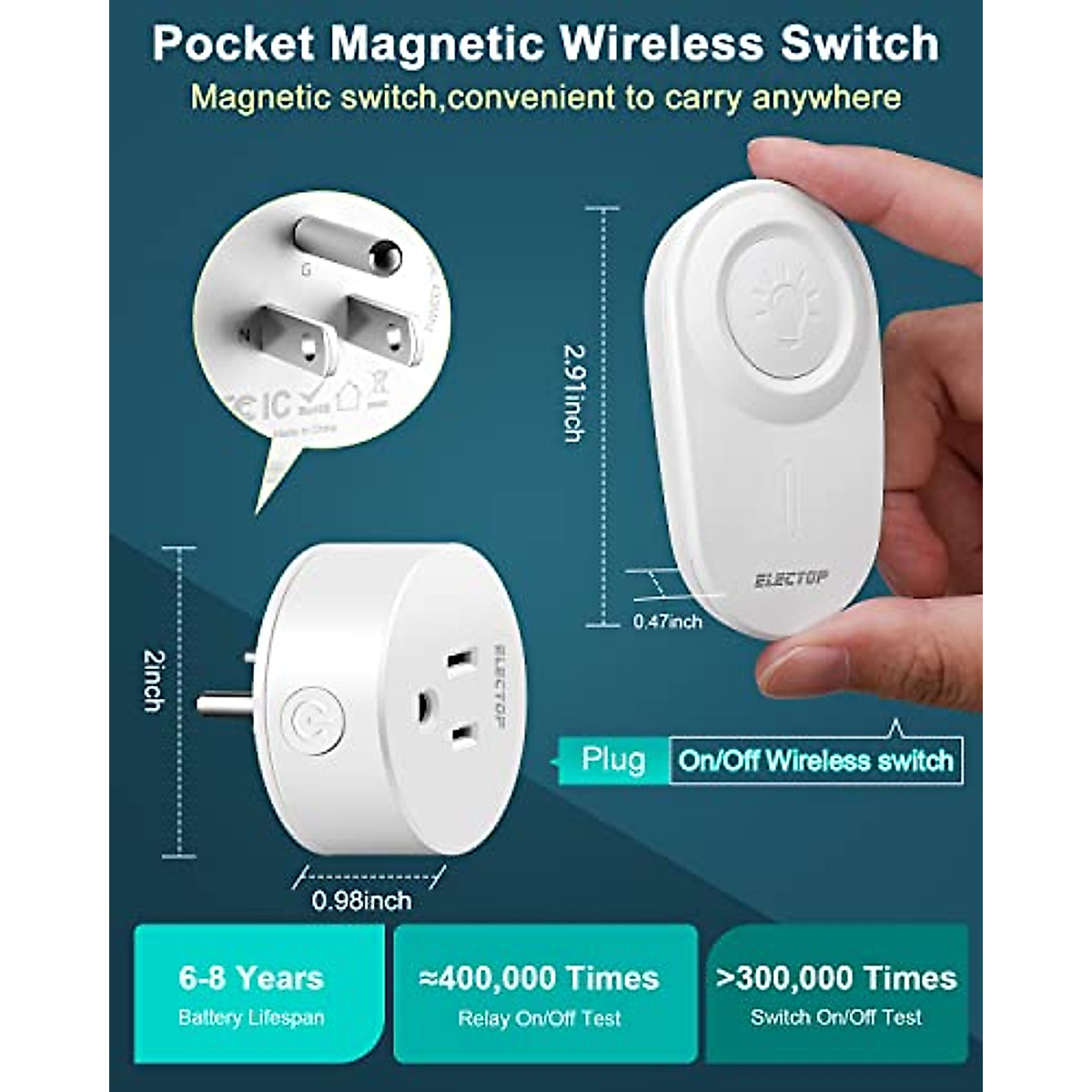 Remote Control Outlet, ELECTOP 15A/1500W Wireless Outlet Power Switch, No Wire Long Range Electrical Switch Plug On/Off for Lights, Fans, Christmas Lights, Household Appliance, 4000V Anti Surge