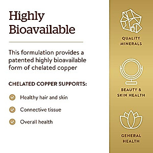 Solgar Chelated Copper, 100 Tablets - Essential for Collagen Formation - Highly Bioavailable Form - Supports Connective Tissue - Non-GMO, Vegan, Gluten Free, Dairy Free, Kosher - 100 Servings