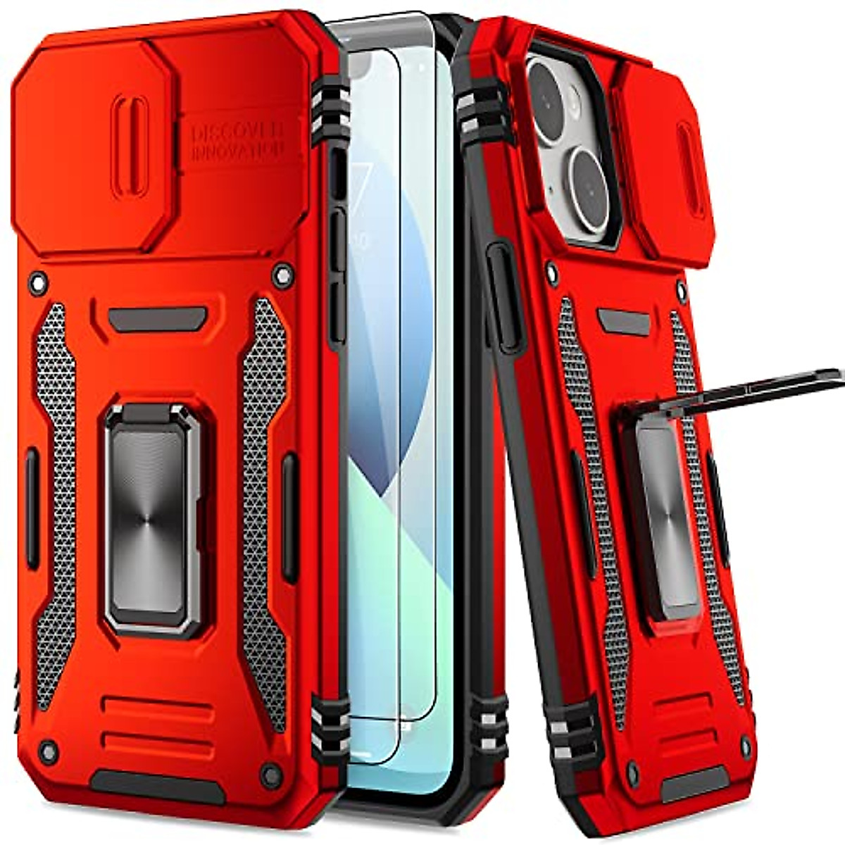 AUPAI iPhone 13 Case with Camera Cover,iPhone 13 Cover with Screen Protector Heavy Duty Military Grade Protective Phone Case with Kickstand for Apple iPhone 13 Red