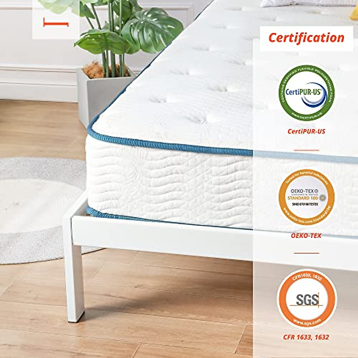 PrimaSleep 10 inch Hybrid Comfort Tight Top Spring Mattress Queen Size Dark Blue Piping,Cool I Gel Memory Foam, CertiPUR US Certified, Compressed Packing