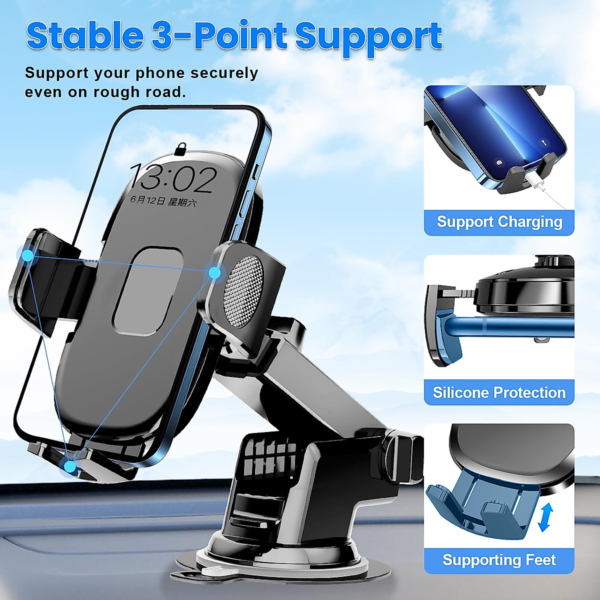 TAPMEI Car Phone Holder [Military-Grade Suction Cup] Universal Phone Mount for Car Dashboard Windshield Fit for Smartphones (Black)