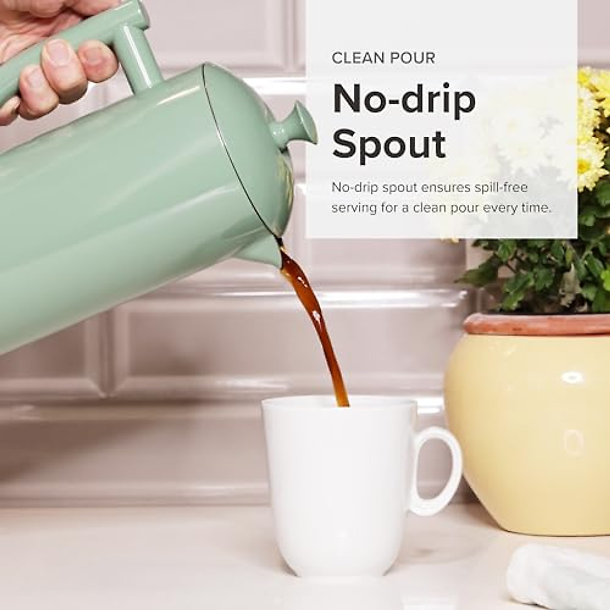 Frieling Double-Walled Stainless Steel French Press Coffee Maker, Dilly Bean Green, 34 fl oz.