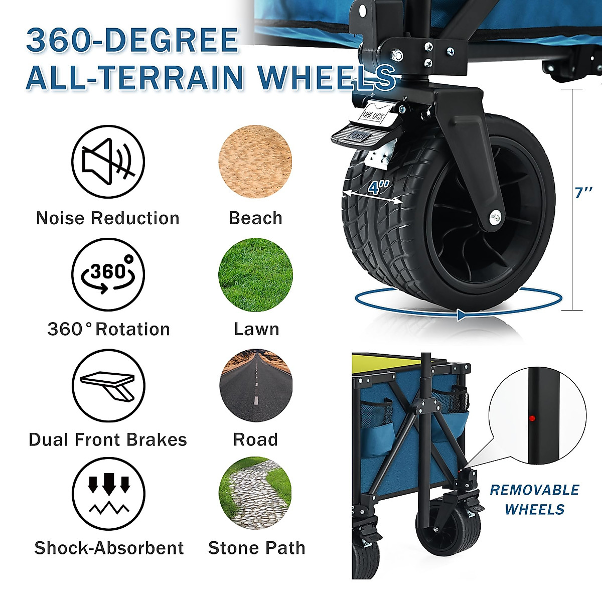 WARMHONIU Beach Wagon Cart with Big Wheels for Sand, Aluminum Collapsible Folding Wagon, Heavy Duty Foldable Cart with Removable Wheels, Outdoor Utility Wagon for Sand, Camping, Garden