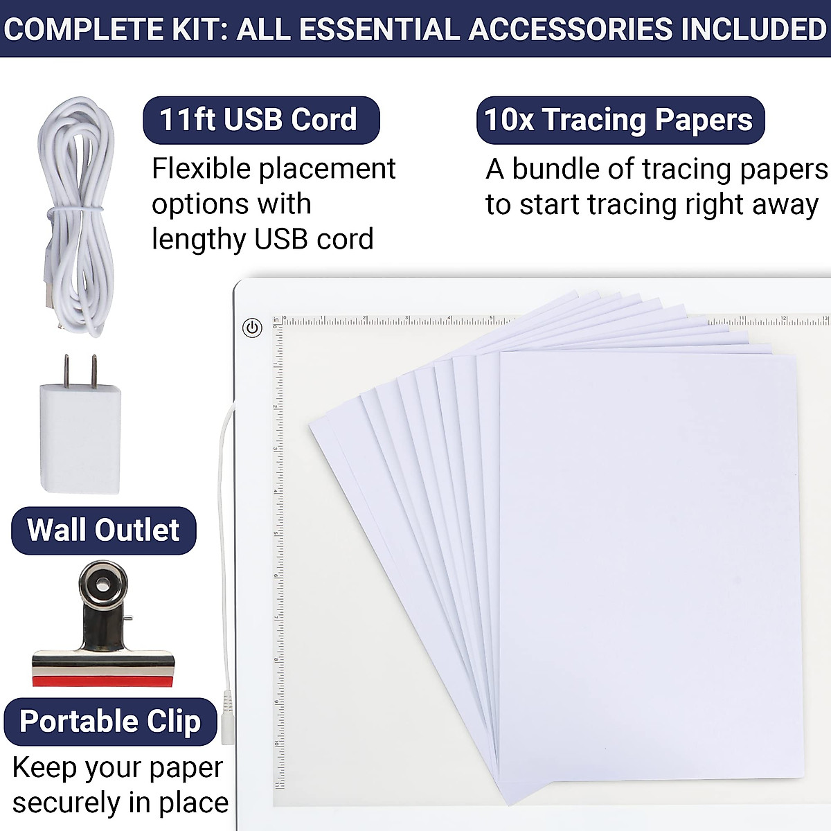 LED Tracing Light Box, 19" Ultra-Thin Light Pad with Adjustable Brightness, Includes USB Cable, Adapter, Paper, and Clip. Portable Drawing Board for Sketching, Cricut Projects, and More