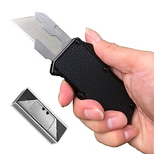 Caressolove Automatic Pocket Knife, Black Razor Blades Utility Knife, Box Cutters Retractable Heavy Duty, Premium Safety Push Button Knife with 5PCS Blades