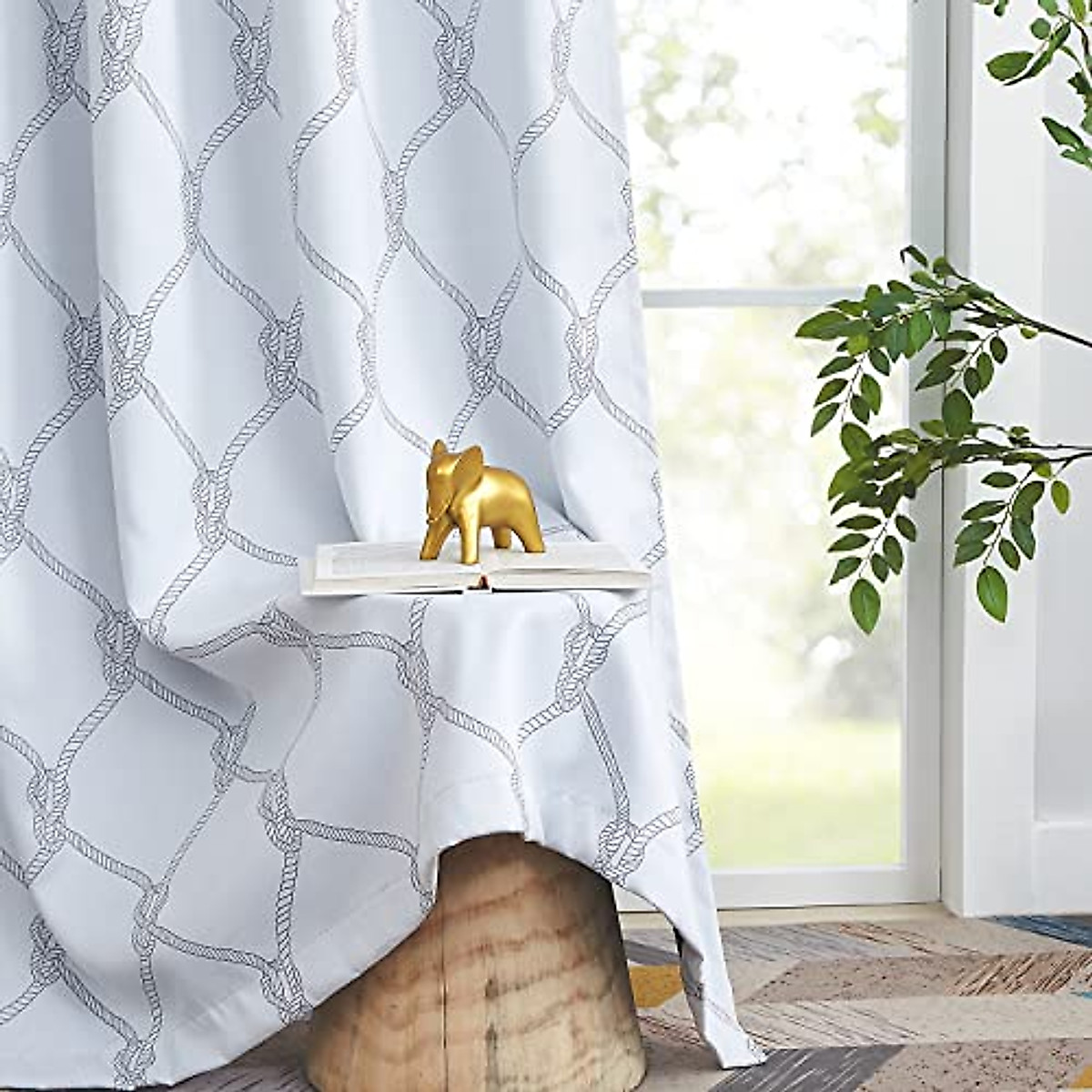 Geomoroccan Full Blackout Curtains 63 inch Length 2 Panels Set,Knot Printed Decorative Suitable for Living Room and Bedroom,Grommet Top Thermal Insulated Drapes （50" x 63",White & Grey）
