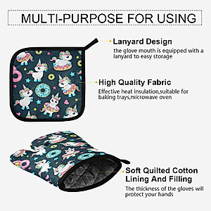 Oven Mitts Pot Holders Set, Donut Unicorn with Rainbow Tail Heat Resistant Waterproof Gloves with Soft Cotton Lining for Kitchen Cooking, Baking, Microwave, BBQ