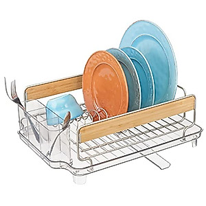 mDesign Large Kitchen Countertop, Sink Dish Drying Rack with Bamboo Wood Accents - Removable Cutlery Tray & Drainboard with Adjustable Swivel Spout - 3 Pieces, BPA Free Cutlery Caddy, Satin/Clear