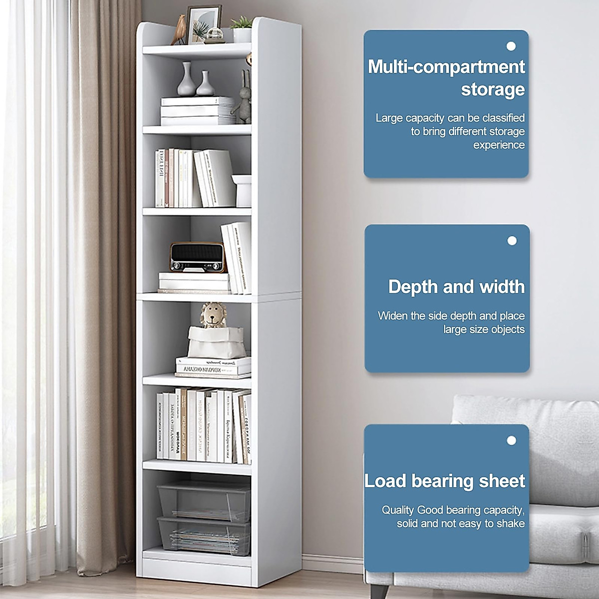 Worparsen 70.9 Inch Tall Narrow Bookcase,Floor Standing Storage Cabinet,Corner Bookshelf with Storage,6 Tier Cube Display Shelves,Tall Narrow Bookcase Display Bookshelf for Home Office White