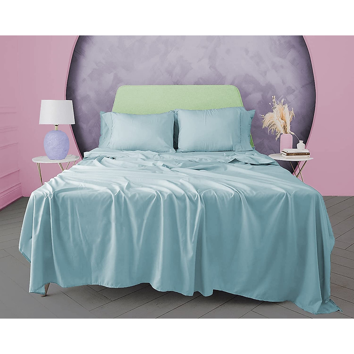 OnlineSmartDeals-100% Egyptain Cotton 3PC - 1 Flat Sheets with 2 Pillowcases 600 Thread Count Sateen Weave & Easy to Wash Twin Flat Sheet(66" x 96"), LightBlueSolid