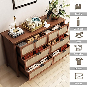 LEVNARY 6 Drawer Dresser for Bedroom, Rattan Dresser Drawer Organizer with Metal Handles, Accent Wood Chest of Drawers for Entryway, Closet, Living Room, Hallway, Nursery (Walnut)