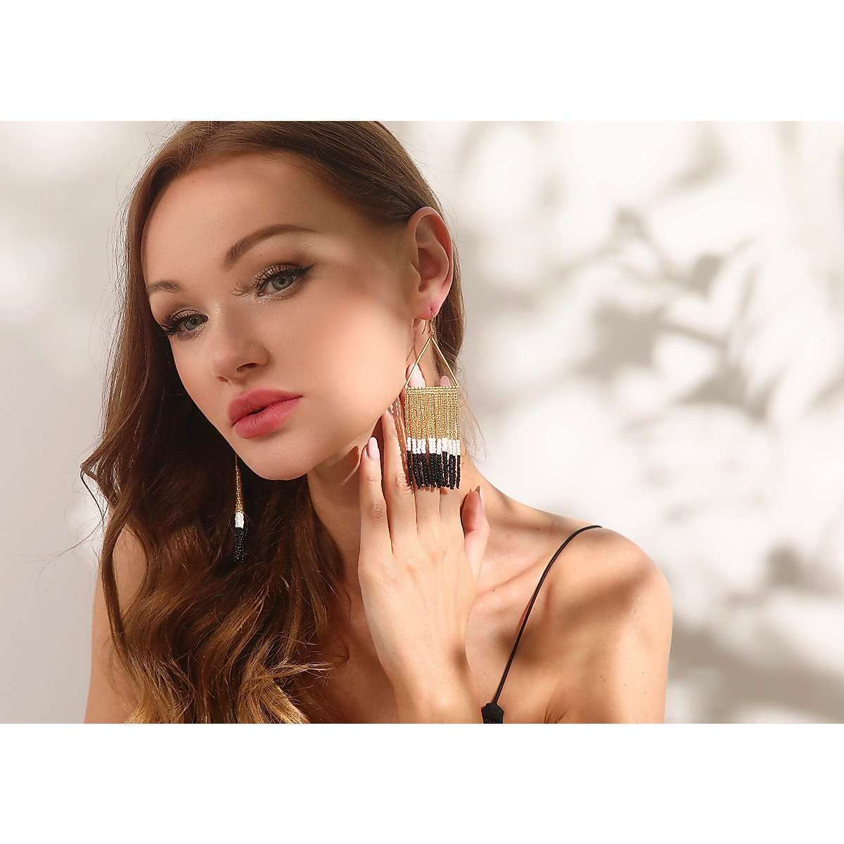 Handmade Beaded Tassel Earrings - Statement Seed Bead Earrings, Boho Beaded Fringe Drop Earrings for Women (TRIANGLE GOLD BLACK)