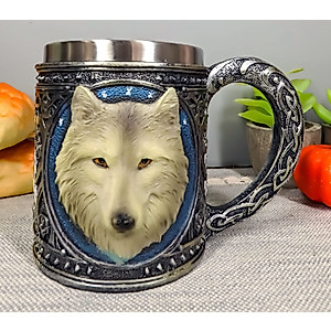 Ebros Gift Alpha Gray Wolf Celtic Tribal Magic Resin 16oz Mug With Stainless Steel Rim Figurine For Coffee Tea Cereal Drinks Halloween Party Hosting Kitchen Dining Decor Of Wolves Timberwolf Direwolf