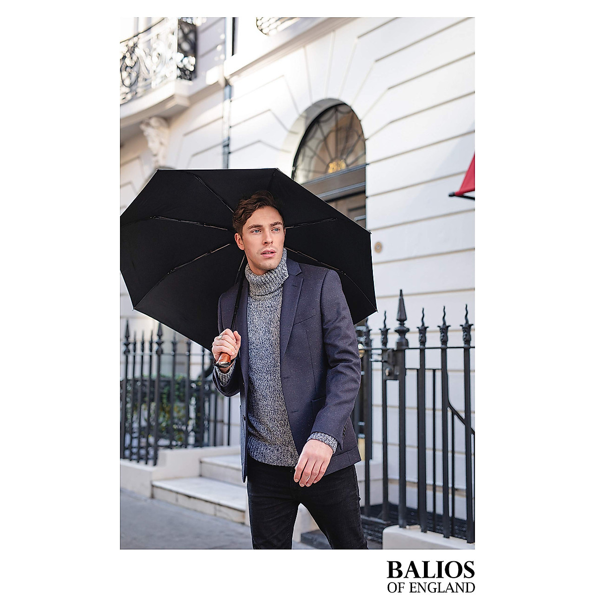 Balios (Designed in UK) Travel Umbrella Luxurious Golden Hardwood Handle Auto Open & Close Windproof Frame Single Canopy Automatic Folding Umbrella Men's & Ladies (Jet Black)