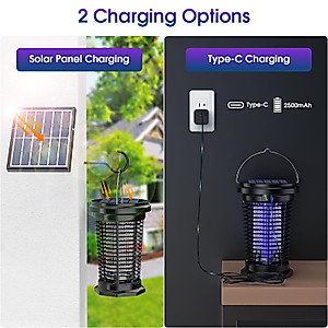 Solar Bug Zapper for Outdoor & Indoor, USB Rechargeable Mosquito Killer Lamp with UV Light, 4500V Electric Fly Traps, 5.5W Insect Zapper for Patio, Home, Backyard, Garden, Camping