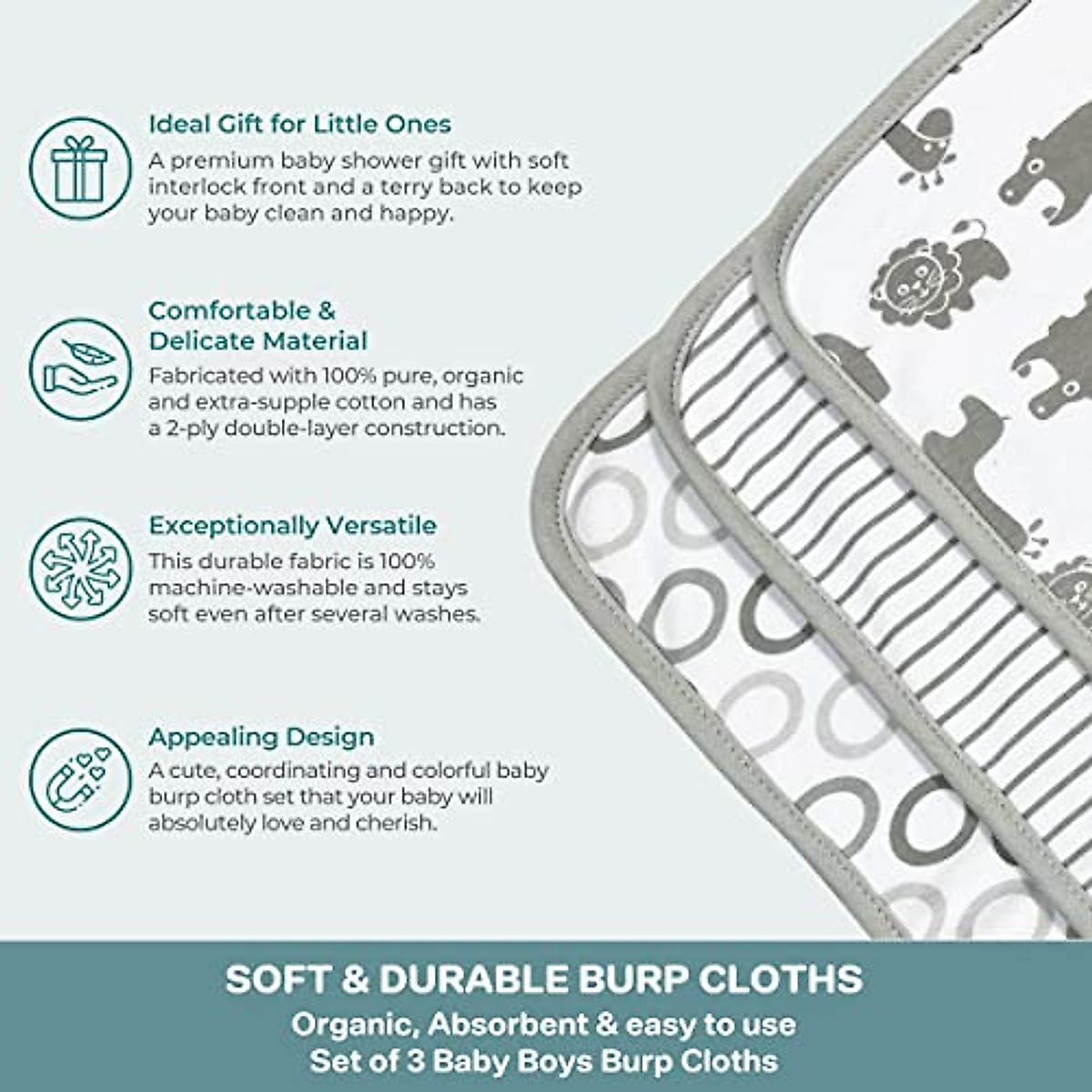 Spasilk Baby 3 Pack 100% Cotton Burp Cloths for Newborn Boys and Girls, Gray Animals, One Size