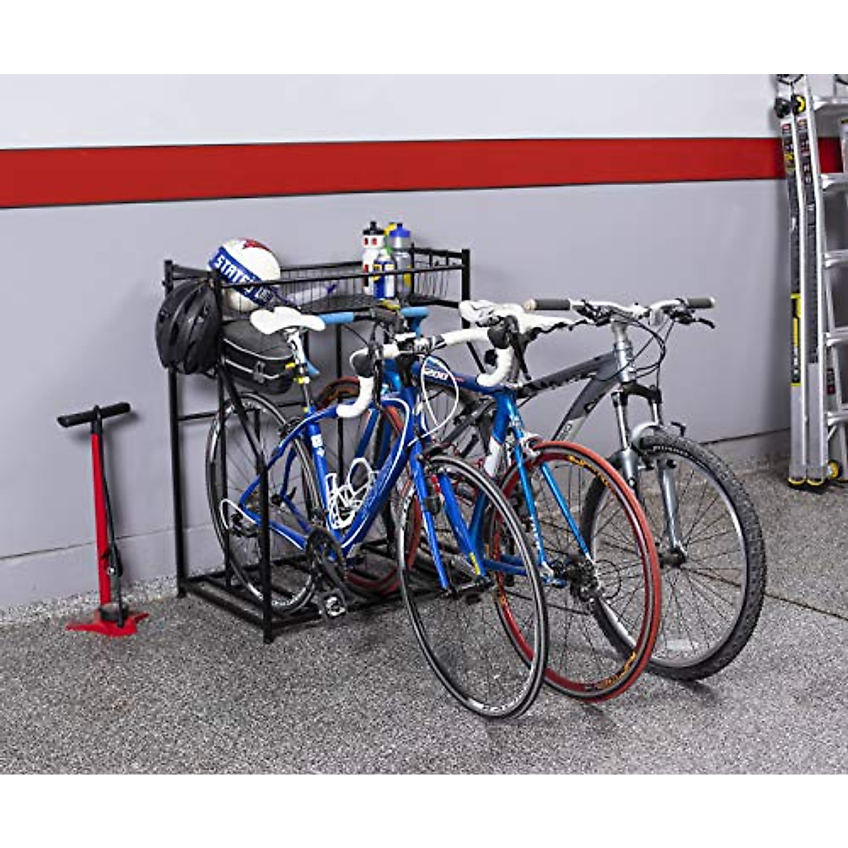 3 Bike Stand Rack with Storage – Great for Parking Road, Mountain, Hybrid or Kids Bikes – Garage Organizer - Helmet - Sports Storage Station - Black